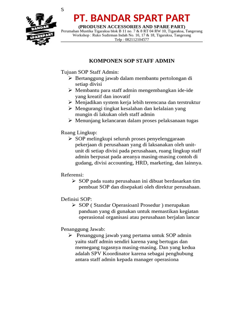 Komponen Sop ( Staff Admin ) | PDF