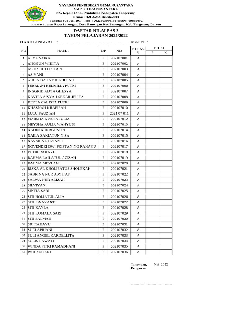Nilai Pjok 7 A-E Pas 2 20212022 | PDF