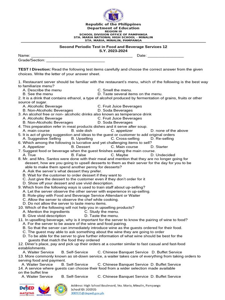 FBS 12 Periodic Test for Students | PDF | Waiting Staff | Cooking, Food ...