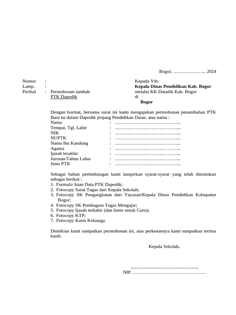Contoh Surat Permohonan Tambah PTK Ke DAPODIK | PDF