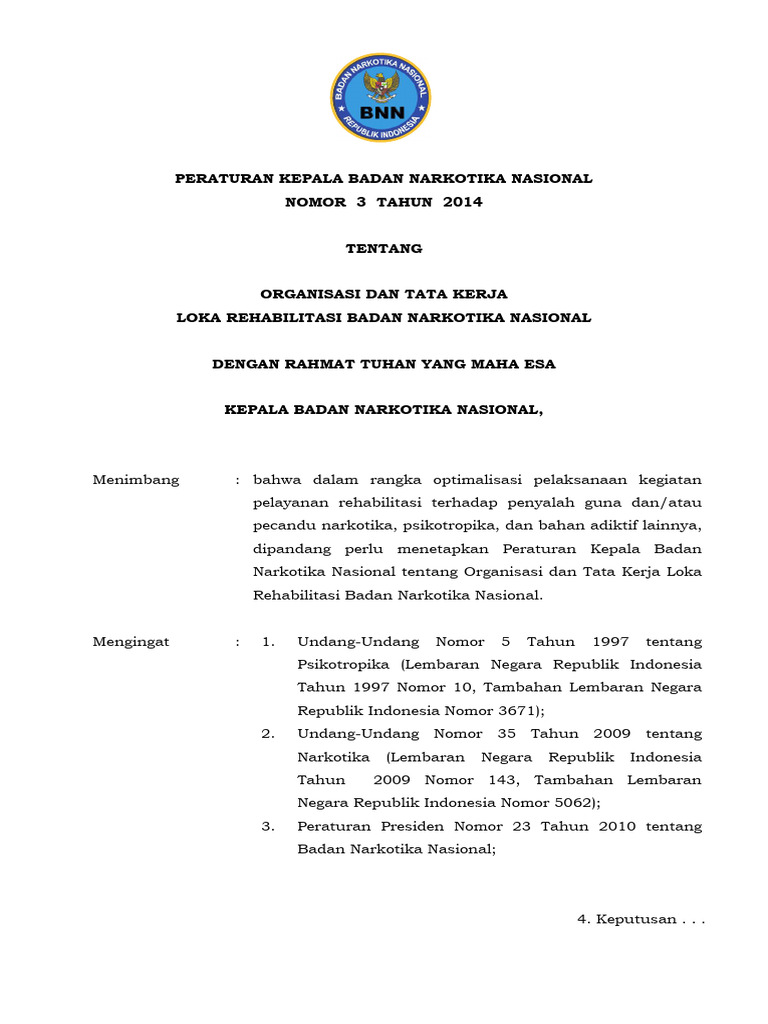 Peraturan Kepala BNN Nomor 3 Tahun 2014 | PDF