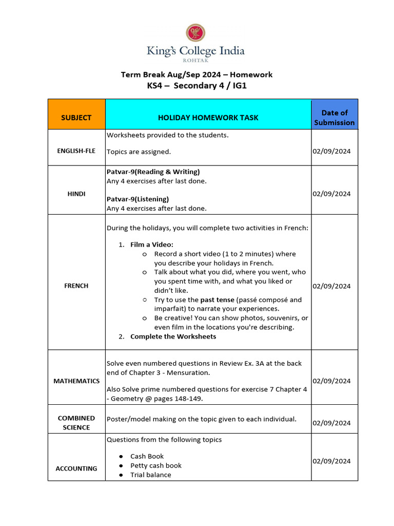 Homework - Secondary 4 IG1 | PDF