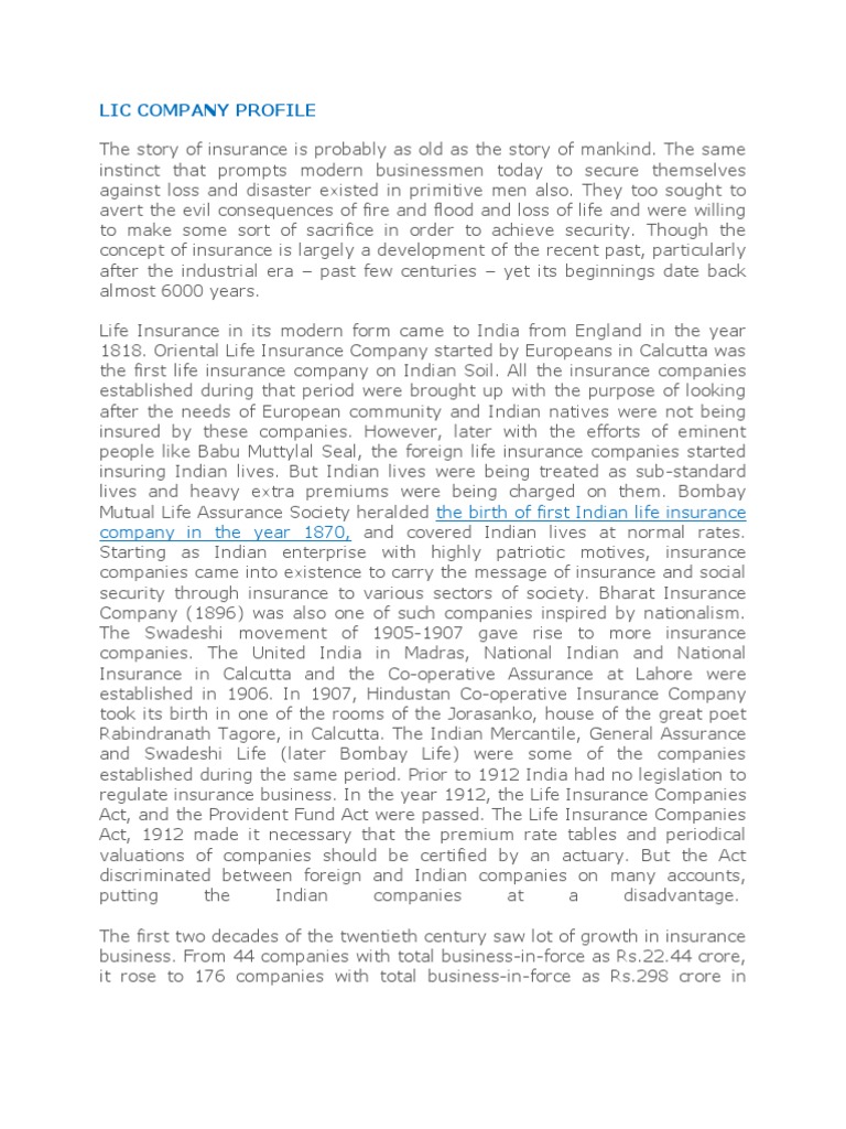Lic Company Profile | PDF | Insurance | Financial Risk