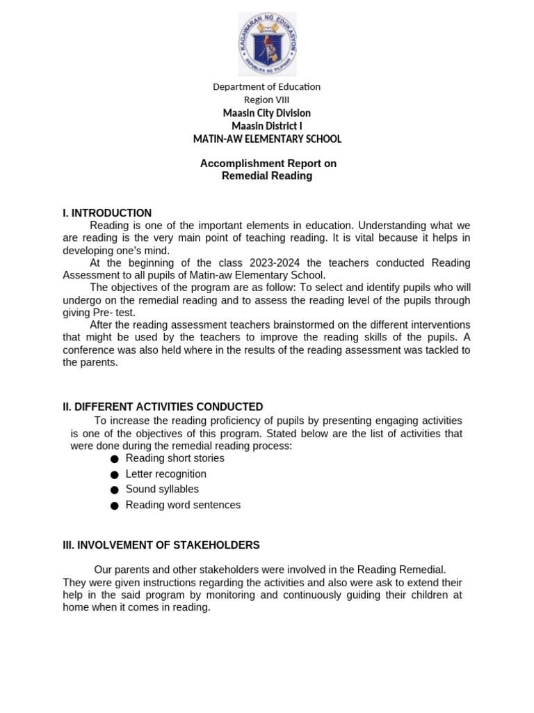 Remedial Reading Accomplishment Report | PDF