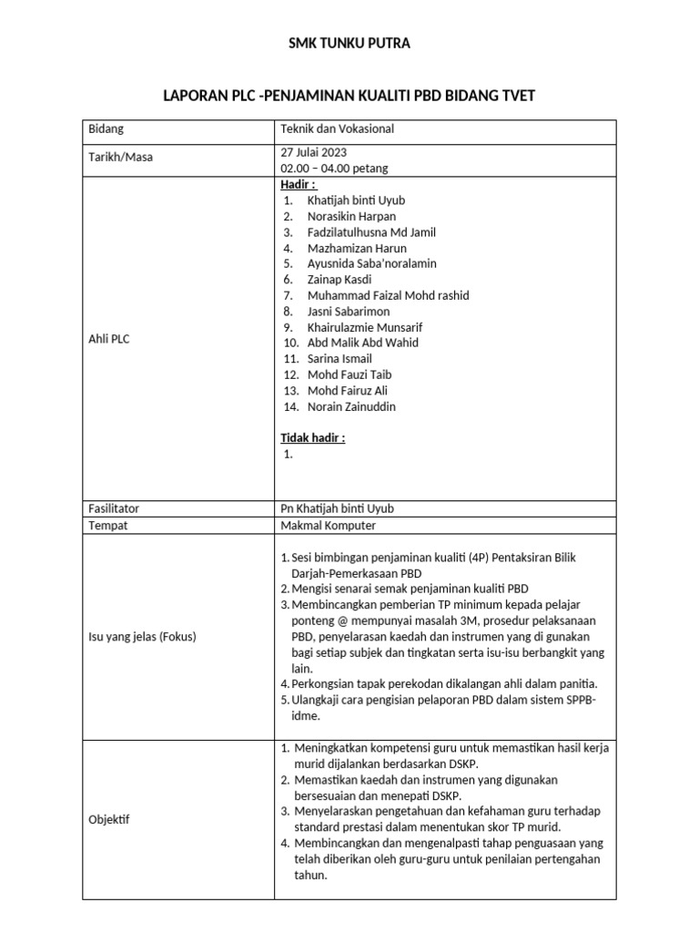 Laporan PLC PBD Tvet 2023 | PDF