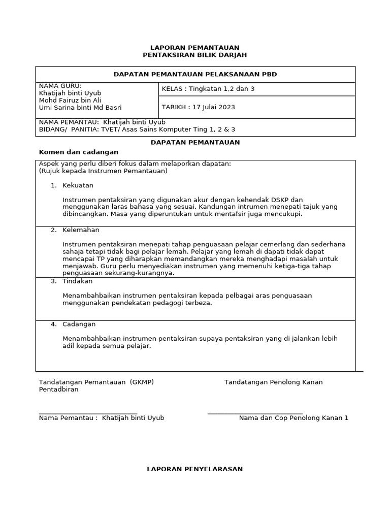 Laporan Penjaminan Kualiti PBD-4P - Bidang Tvet 2023 | PDF
