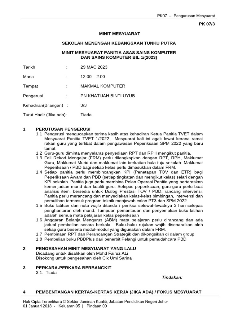 Minit Mesyuarat Panitia SK Ask 1 2023 | PDF