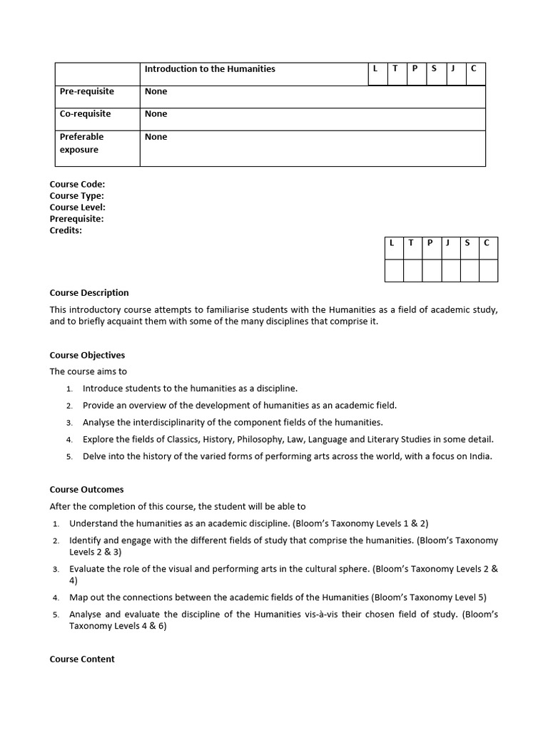 Introduction To The Humanities Syllabus | PDF