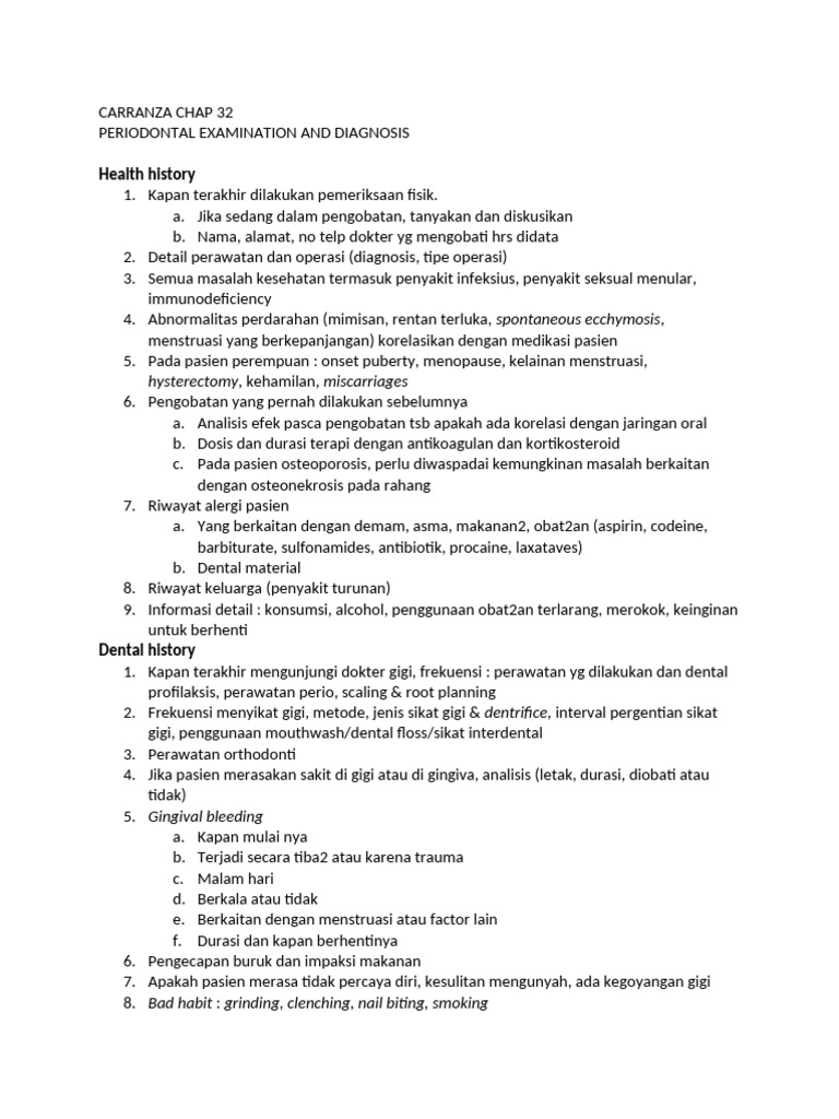 Periodontal Examination and Diagnosis (Carranza Chap 32) | PDF