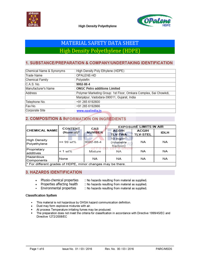 Material Safety Data Sheet - HDPE | PDF