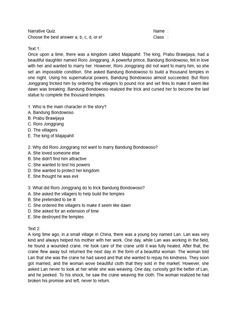 Quiz of Narrative Text | PDF
