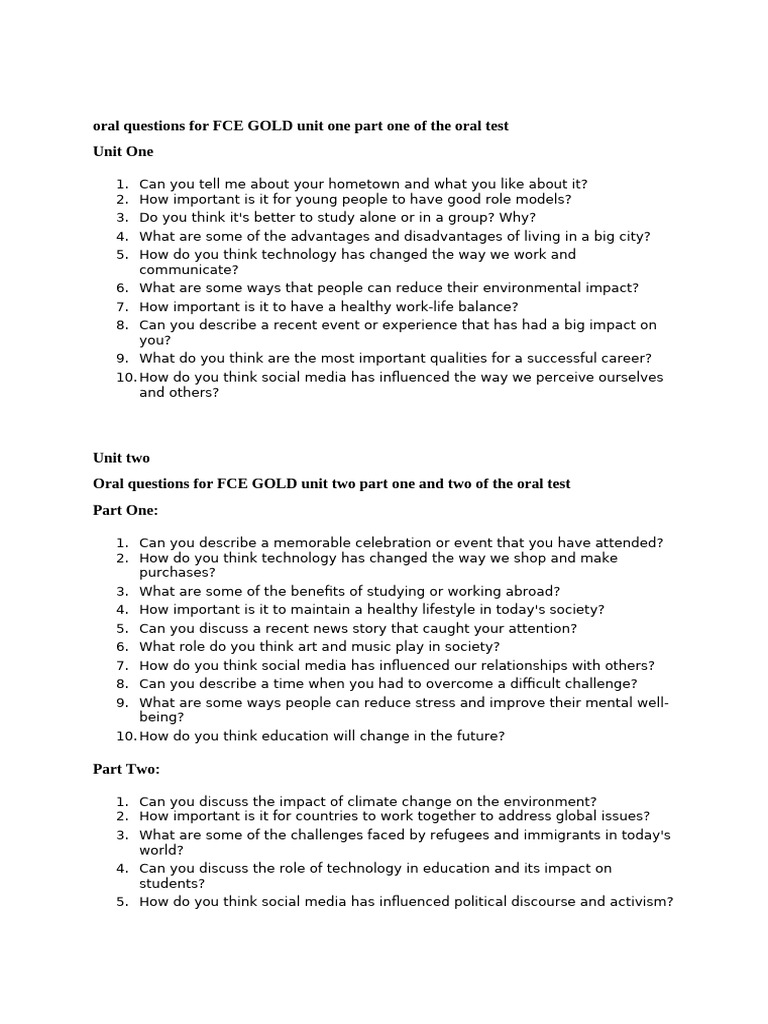 oral questions for FCE GOLD | PDF