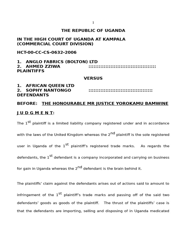 Anglo Fabrics (Bolton) LTD and Anor V African Queen LTD and Anor ...