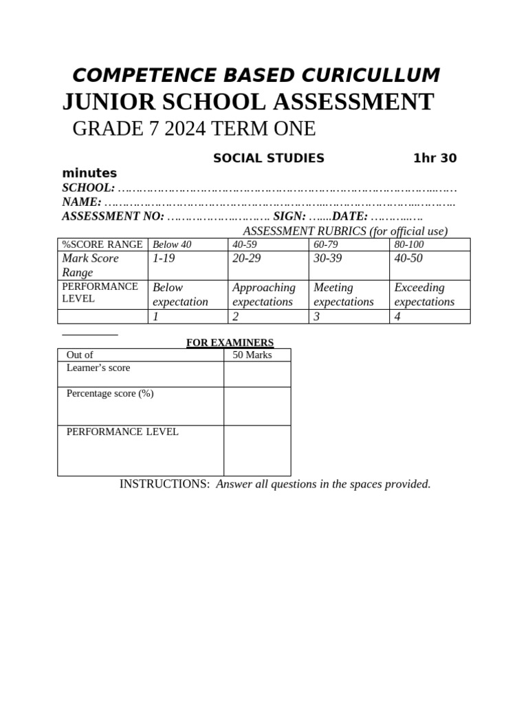 Grade 7 Social Studies Assessment 2024 | PDF | Learning | Teaching ...