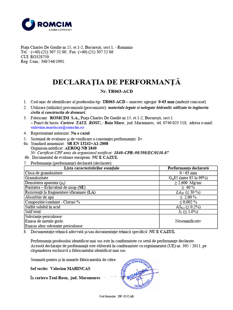 Declaraţia de Performanţă: Nr. TR063-ACD | PDF