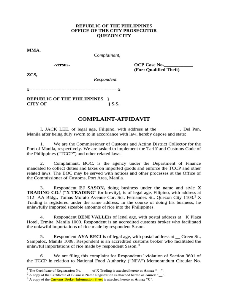 Complaint for Qualified Theft in Customs | PDF | Affidavit | Finance ...