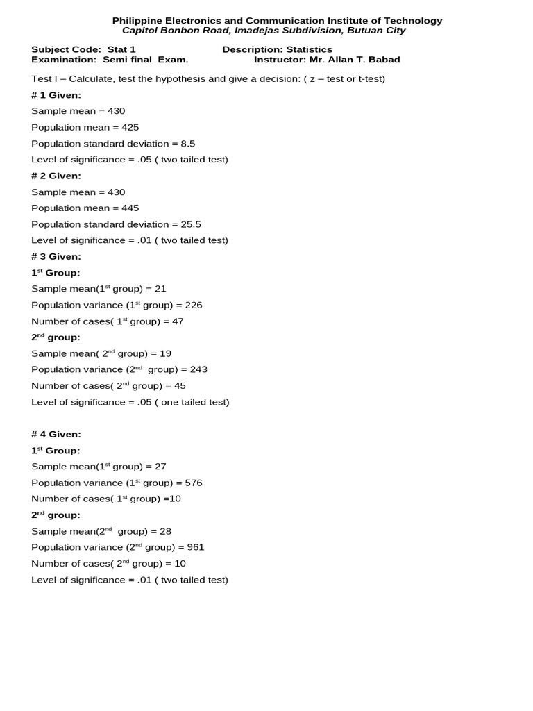 Stat 1 Semi Final Exam | PDF
