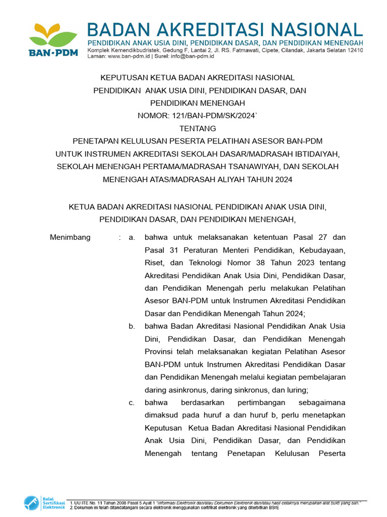 112 SK Penetapan Kelulusan Peserta Pelatihan Asesor BAN-PDM Untuk Instrumen DasmenASESOR ...
