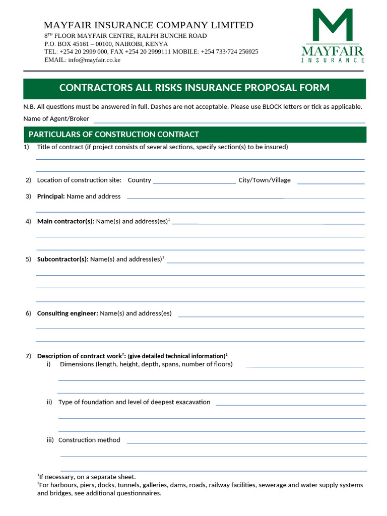 Contractors All Risks Proposal Form-Mayfair | PDF