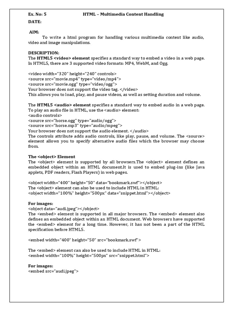 Ex 5 HTML - Multimedia Content Handling | PDF