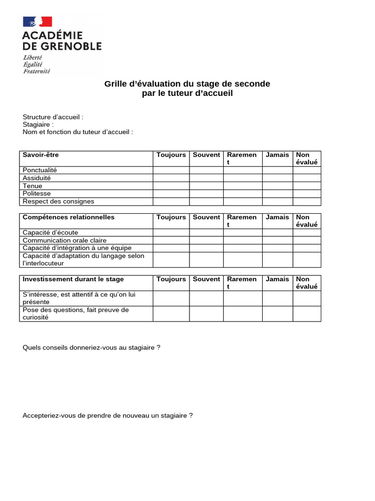 Grille d'évaluation du stage | PDF