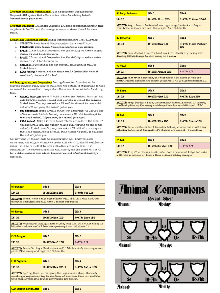 Micro Chapbook RPG - Animal Companions | PDF | Role Playing Games | Law