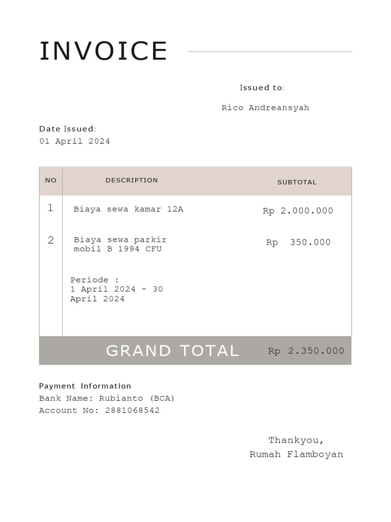 Invoice Sewa Kos Rico April | PDF