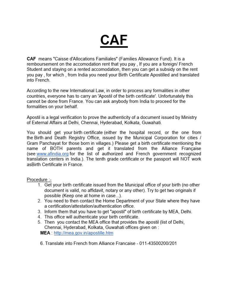 CAF Means "Caisse D'allocations Familiales" (Families Allowance Fund ...