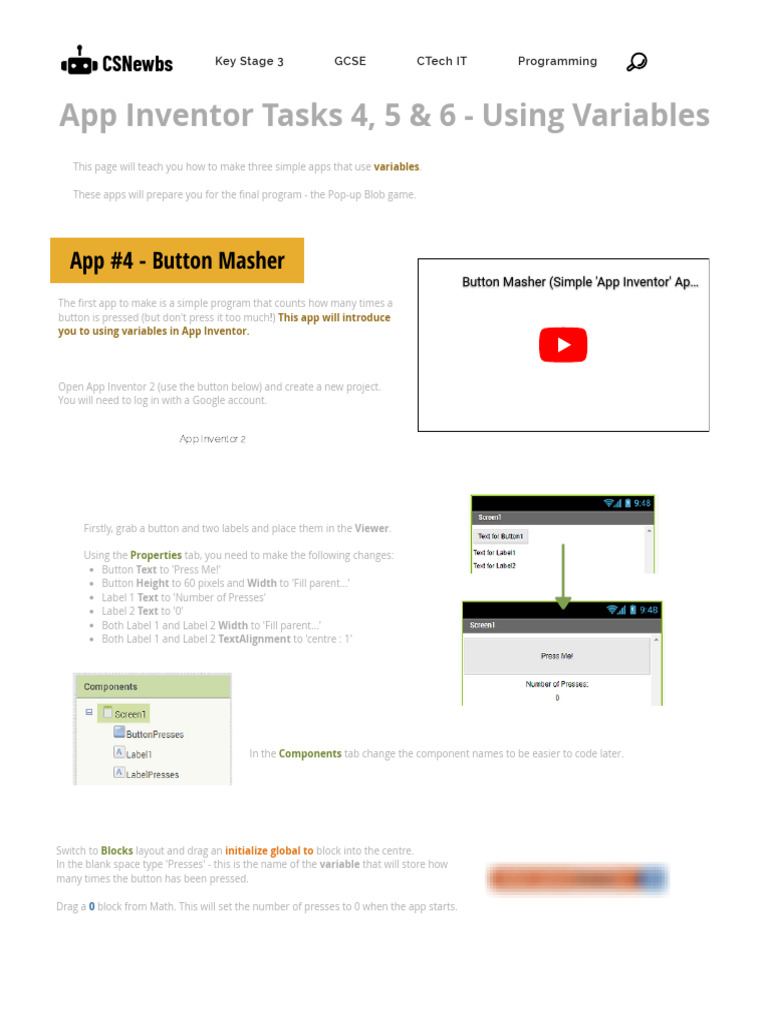 App Inventor 2 - Variables - CSNewbs | PDF
