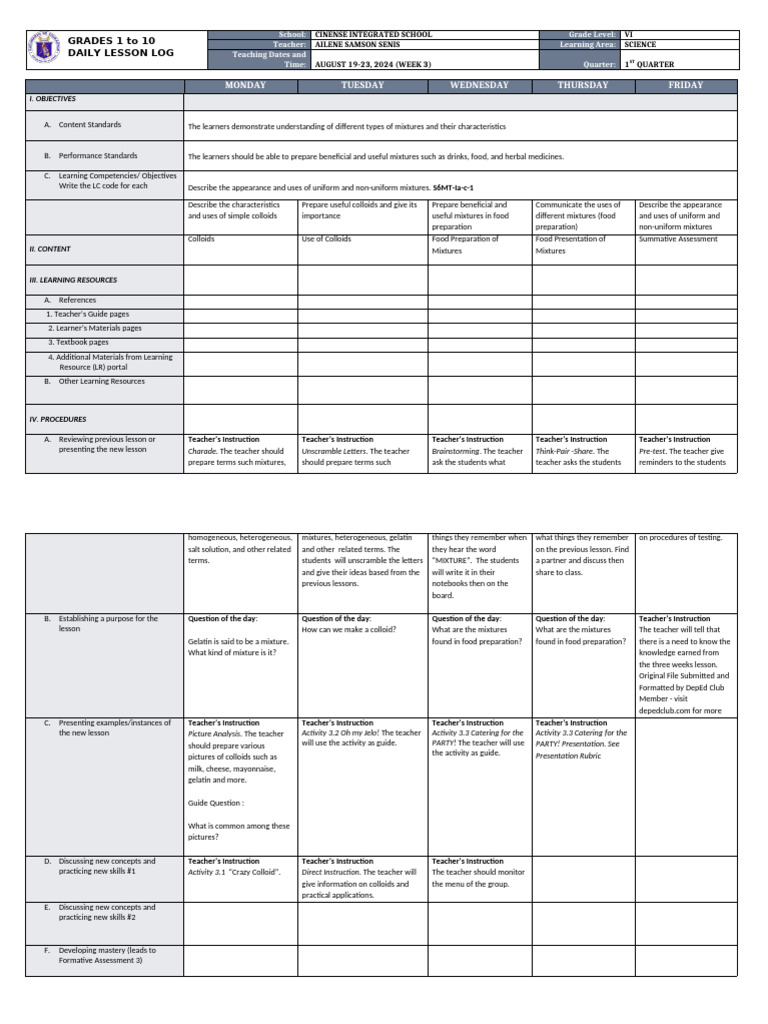 DLL - Science 6 - Q1 - W3 | PDF