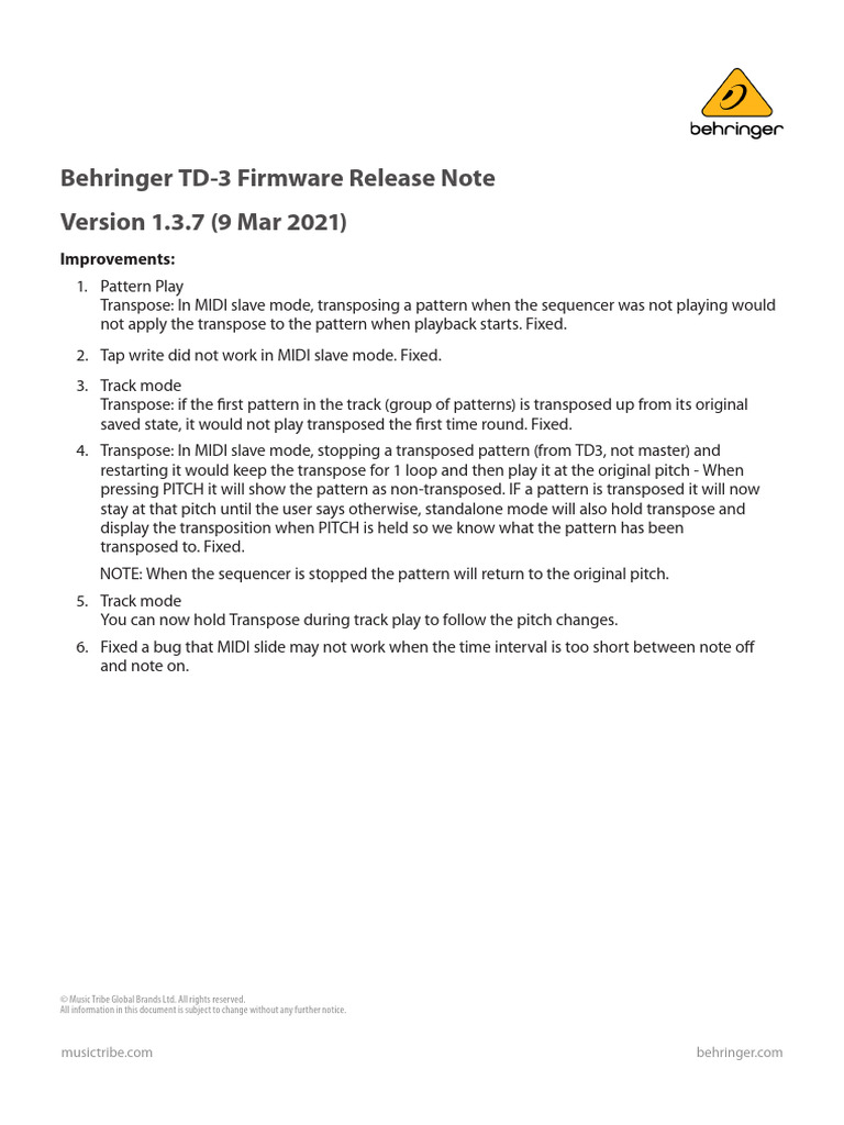 Behringer TD-3 Firmware Release Note | PDF