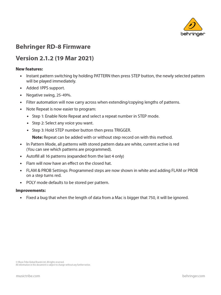 Behringer - rd8 - rd8 - 2.1.2 Update Notes | PDF