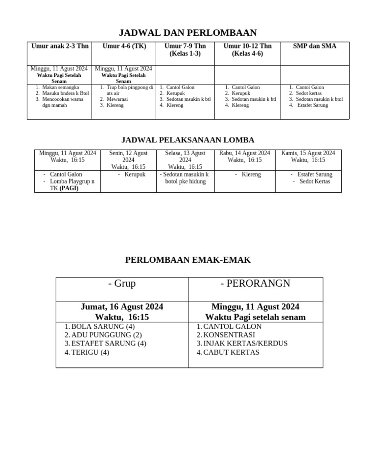 JADWAL DAN PERLOMBAAN RT 04 BWA | PDF