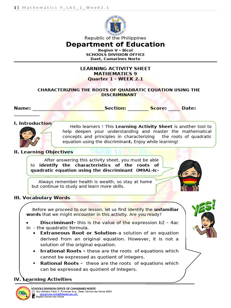 Math-9 Las q1 Week-2.1 | PDF