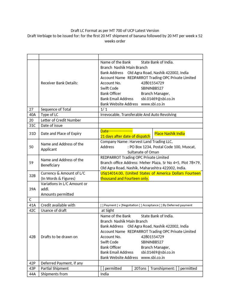 Draft LC Format As Per MT 700 Dated 070724 | PDF