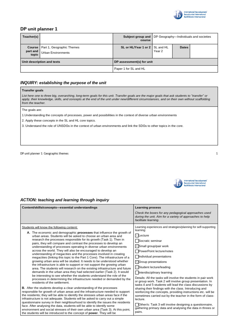 Urban Environments Unit Planner | PDF | Learning | Teachers
