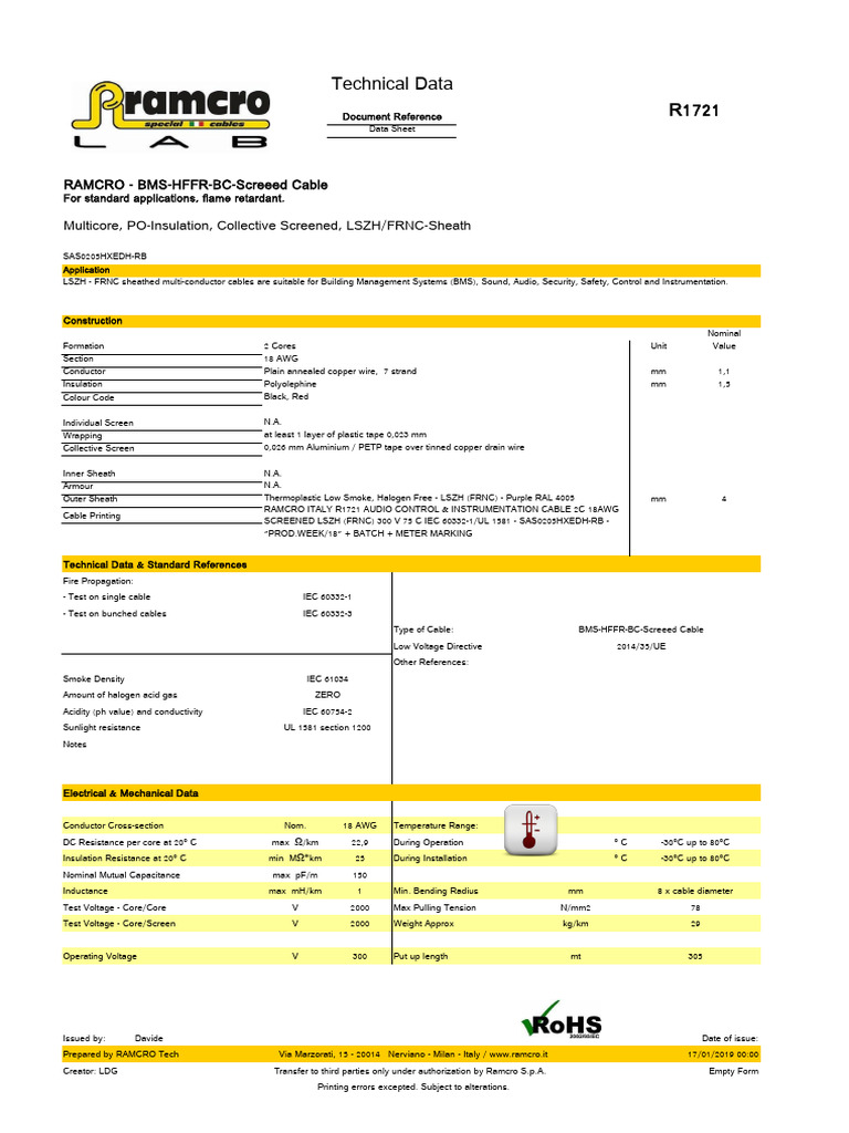 Technical Data R1721: RAMCRO - BMS-HFFR-BC-Screeed Cable Multicore, PO ...