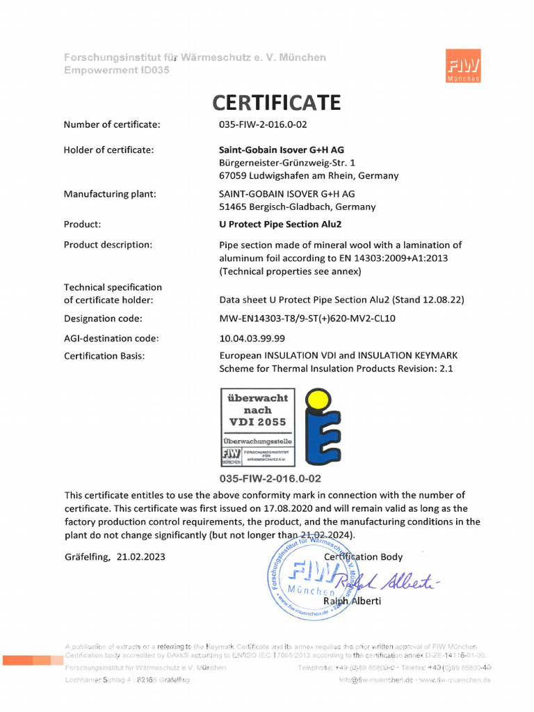VDI 2055 Zertifikat U Protect Pipe Section Alu2 | PDF