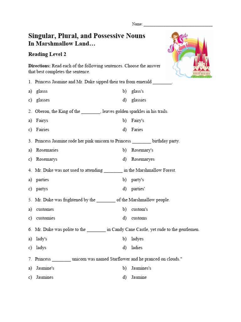 Singular Plural and Possessive Nouns Reading Level 02 | PDF | Foods ...