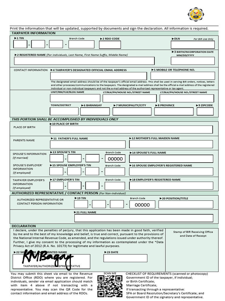 BIR S1905 - Registration Update Sheet | PDF