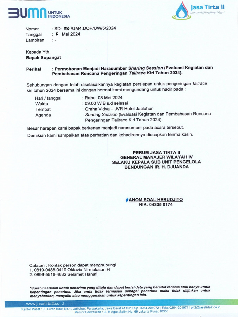 SD-156-GM4.DOP-UW-5-2024 - Permohonan Menjadi Narasumber Sharing Session (Evaluasi Kegiatan Dan ...