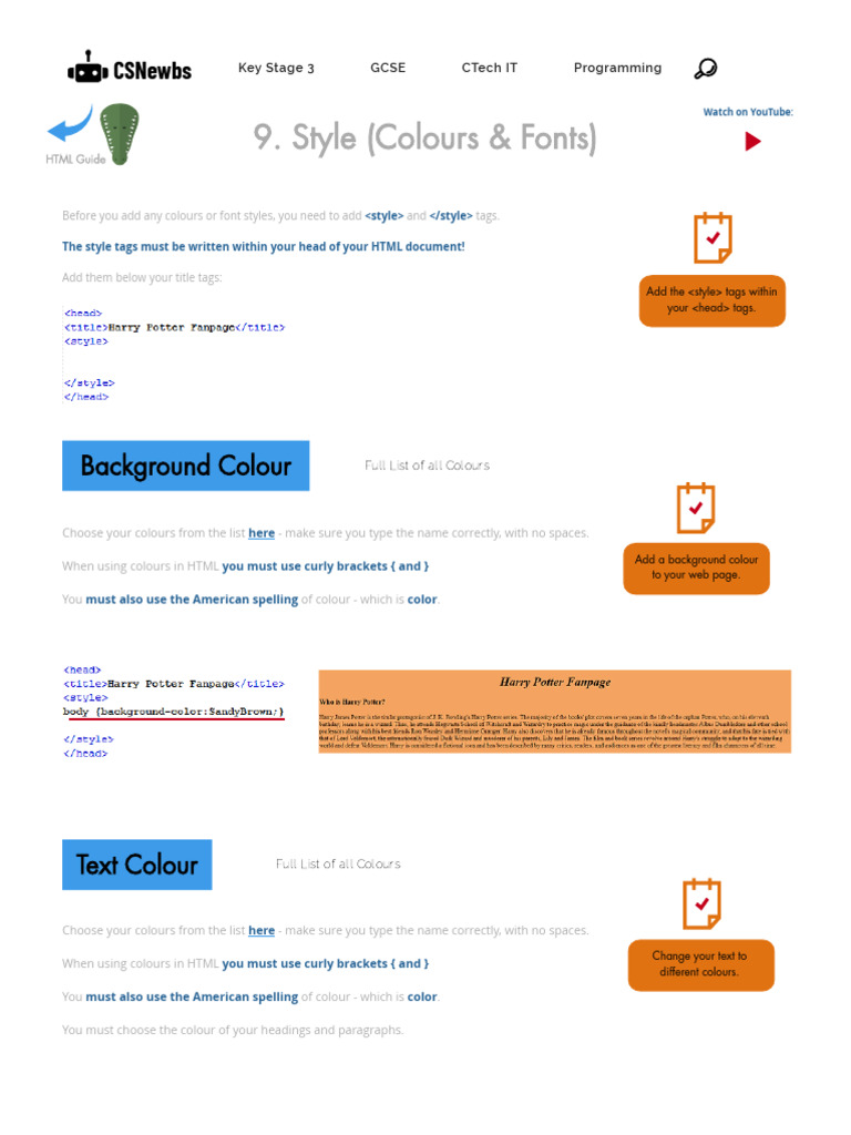 HTML Guide 9 - Colours & Fonts - CSNewbs | PDF