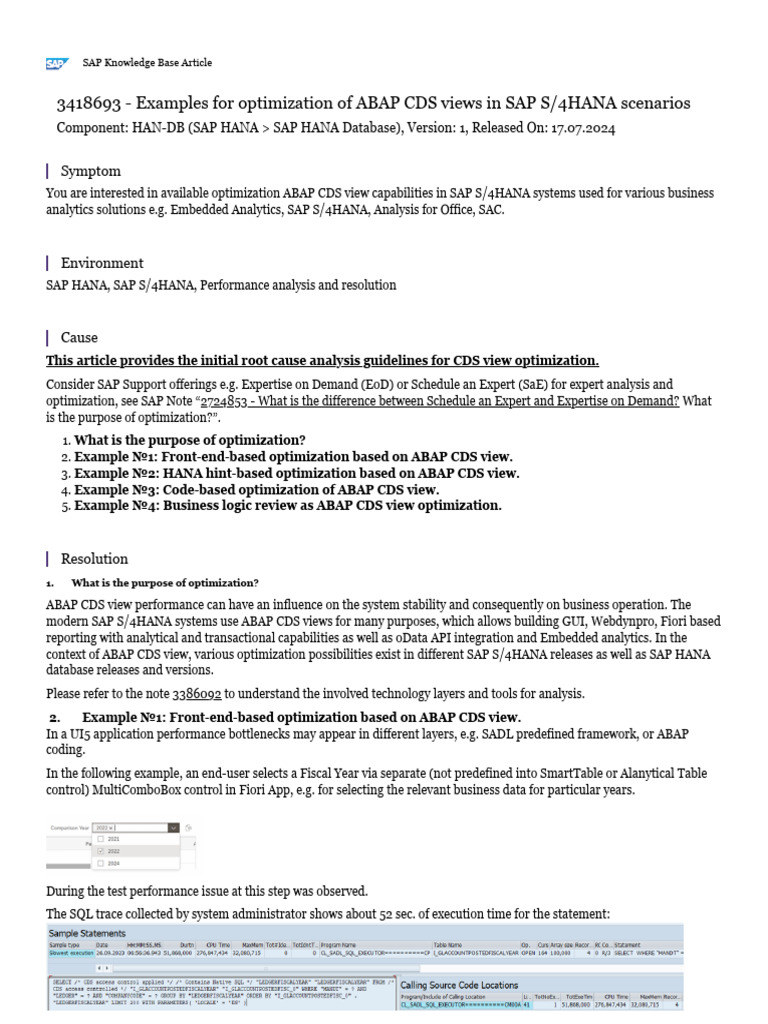 Examples For Optimization of ABAP CDS Views in SAP S 4HANA Scenarios v1 ...