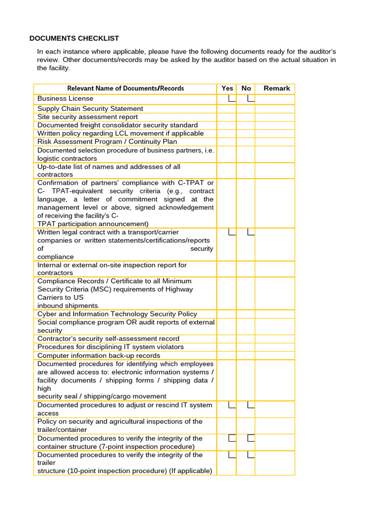 CTPAT - Document check list for facility preparation | PDF