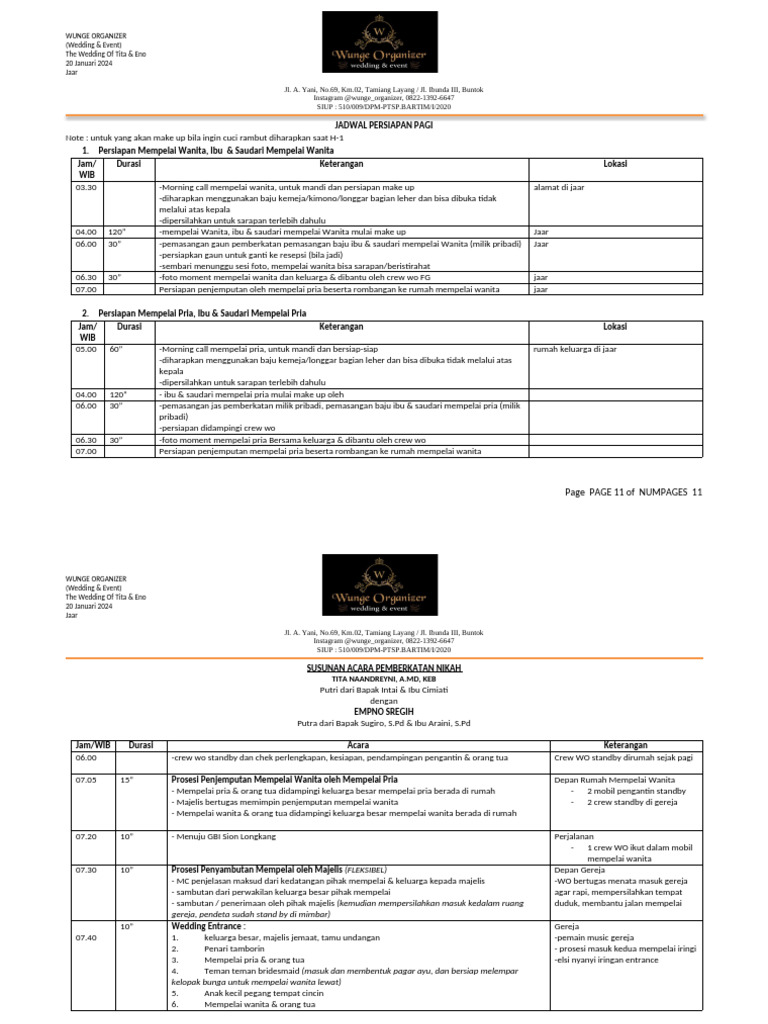 Rundown Wedding Hari H T&E 20 Jan 2024 | PDF