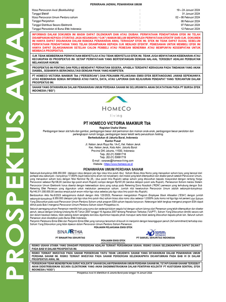 Prospektus LIVE (PT Homeco Victoria Makmur TBK.) | PDF