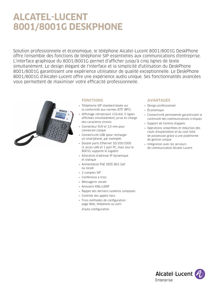 ALCATEL - 8001 8001G Deskphone Datasheet FR | PDF