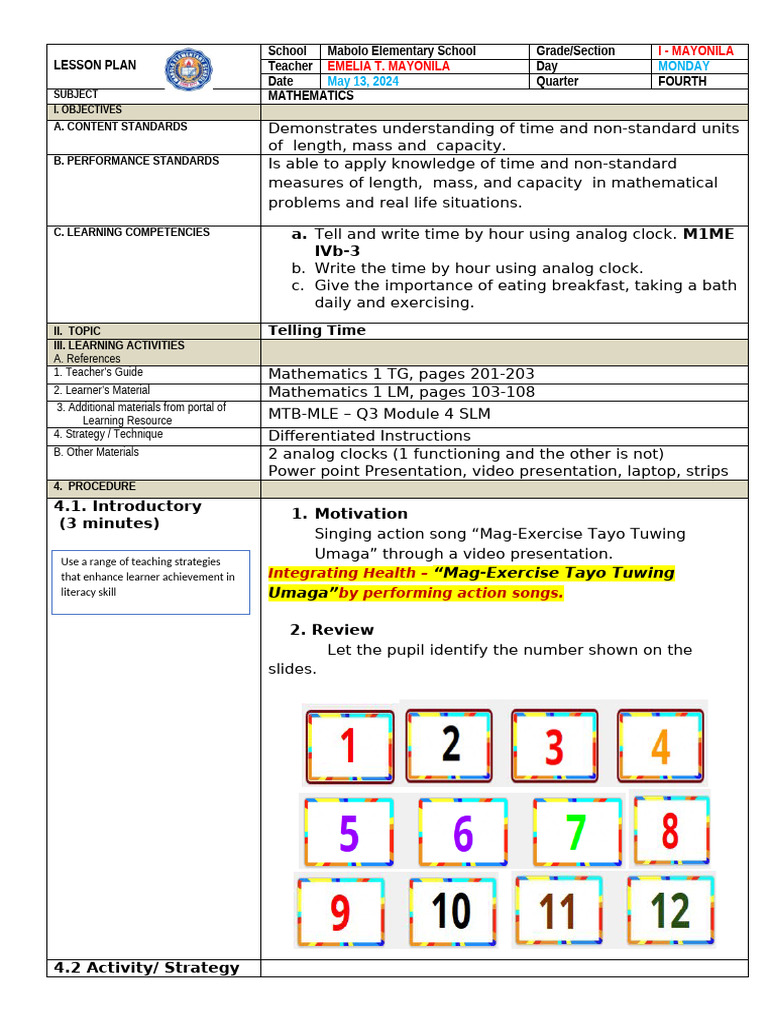 Co Iplan Math q4 Module-3 Telling-Time Mayonila 2024 | PDF