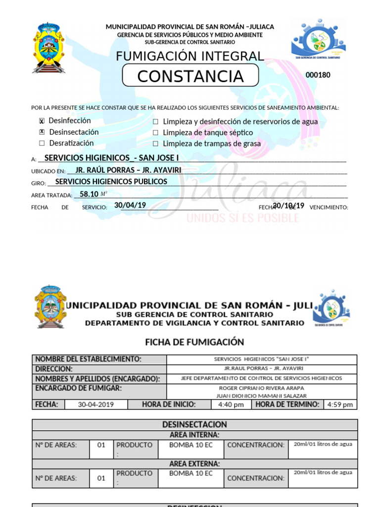 180 - Constancia y Ficha de Fumigacion | PDF