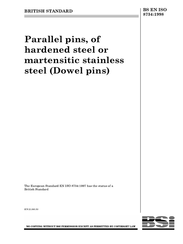 BS EN ISO 8734 - 1998 Parallel Pins, of Hardened Steel or Martensitic Stainless Steel (Dowel ...